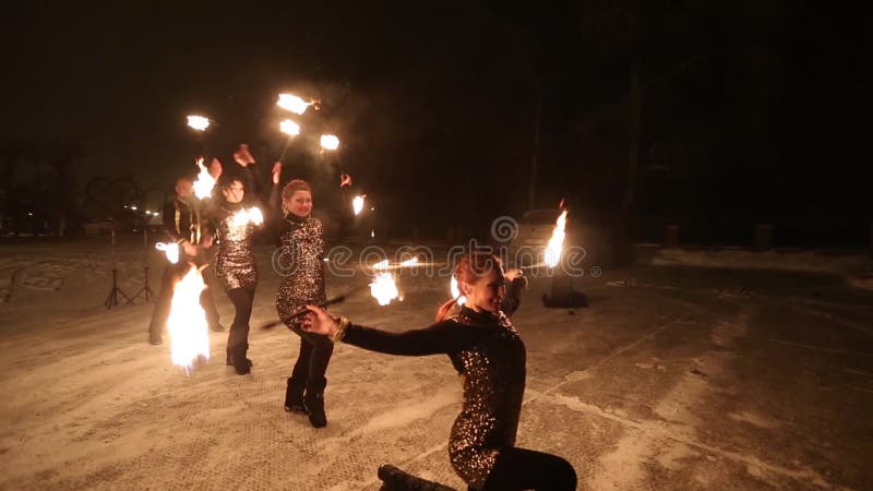 Amazing Tribal Fire Show Dance at Night on Winter Under Falling Snow ...