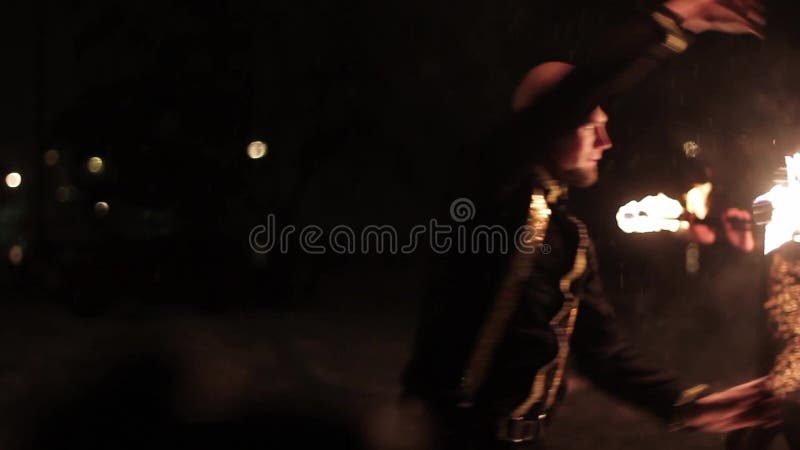 Amazing Tribal Fire Show Dance at Night on Winter Under Falling Snow ...