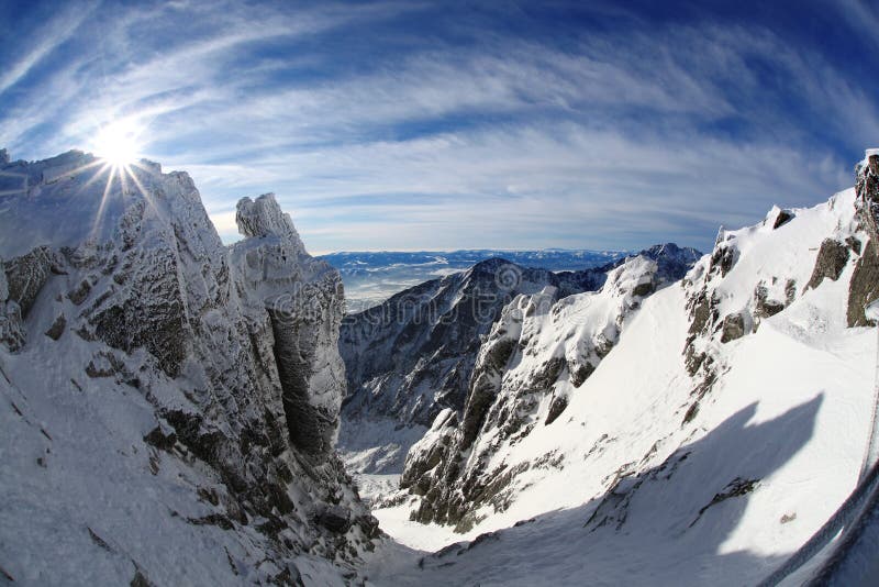 Amazing View of High Mountains Against Sun Stock Photo - Image of ...