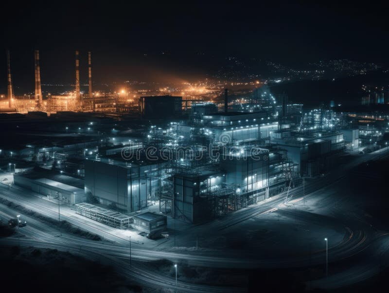 An Amazing View of a High-tech Industrial Facility at Night Created ...
