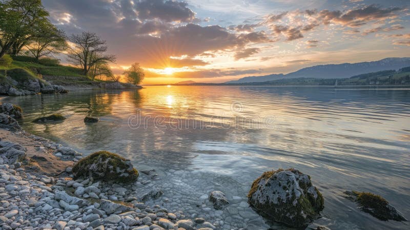 Amazing View of Sunset Over Calm Lake AIG535 Stock Image - Image of ...
