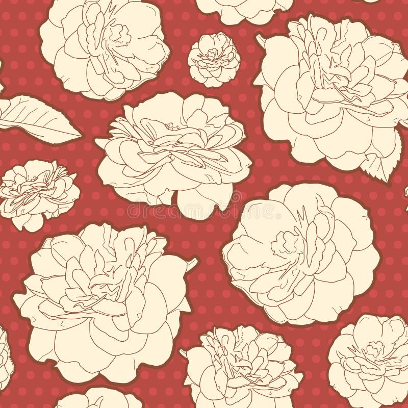 Amazing Warm Red Seamless Rose Floral Pattern with Dots Stock Vector ...