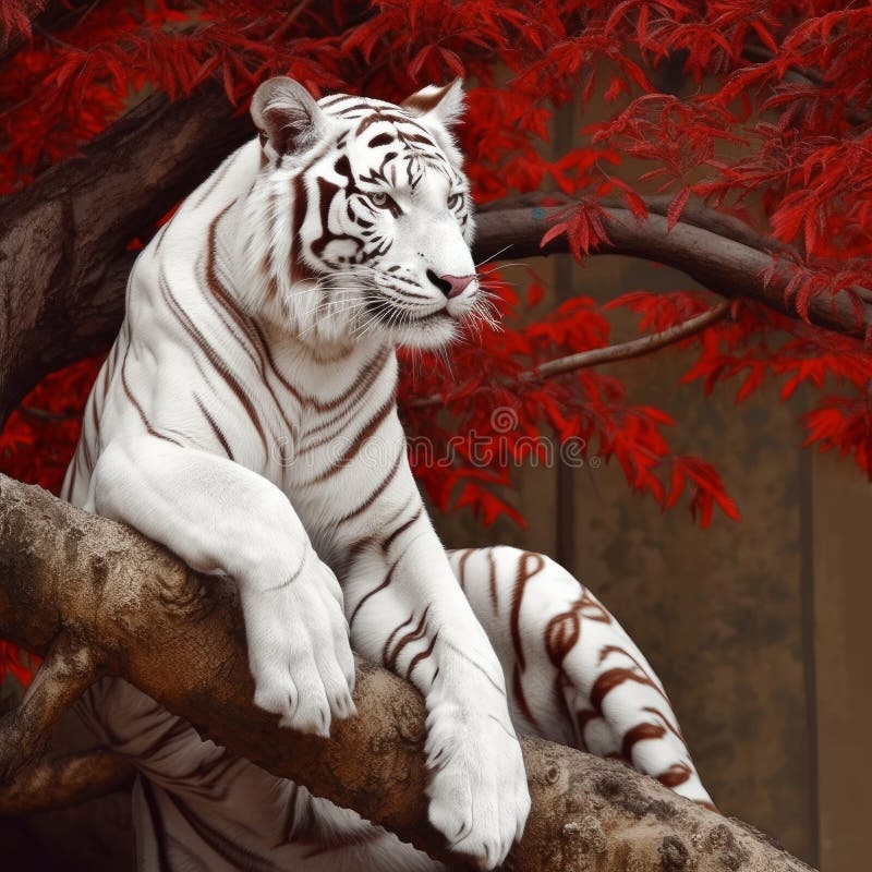 Amazing White Tiger Sitting on the Red Flowers Tree Generative AI Stock ...