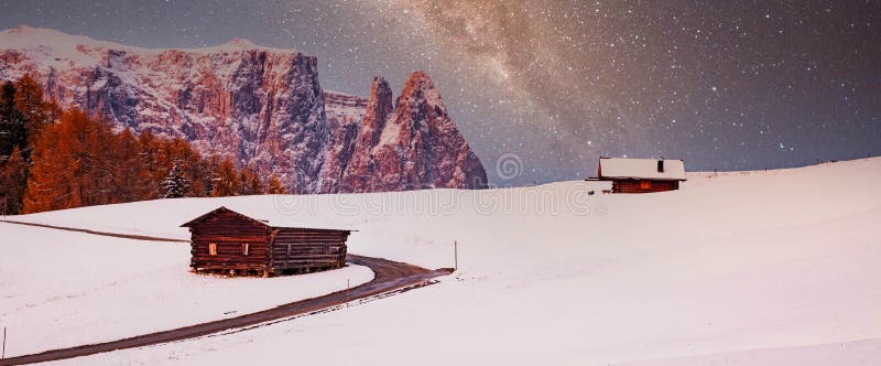 Amazing Winter Landscape at Night with Small Cottage Stock Photo ...