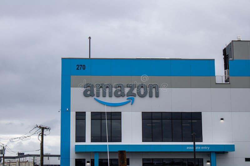 Amazon Building with a Blue Canopy on Display. Editorial Photography ...