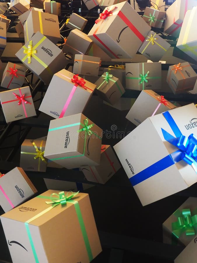 Amazon E-commerce Company Boxes with Gift Package Bows As Christmas ...