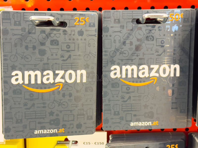 Amazon Gift Cards Displayed in Retail Store with 25 and 50 Euro Values ...