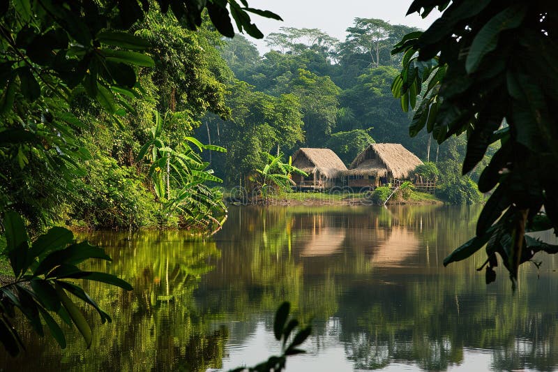 Amazon Jungle Camp by the Water. Generative AI Stock Illustration ...