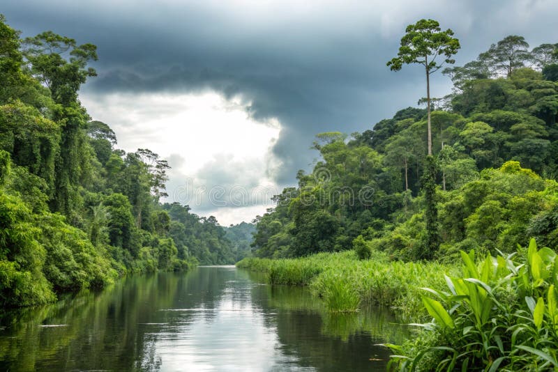 Amazon Jungle River View stock illustration. Illustration of ...