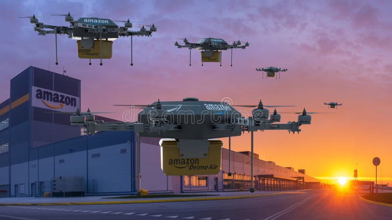 Amazon Prime Air Drone Against the Backdrop of a Logistics Centre ...