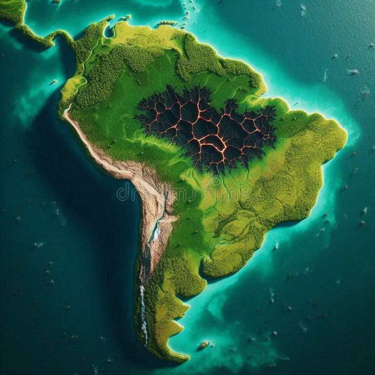 Conceptual Image of the Amazon Rainforest on Fire with South American ...