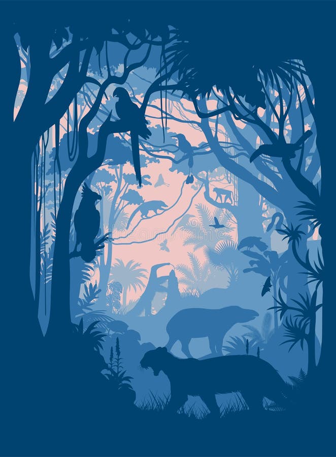 Amazon Rainforest Jungle Illustration with Animals Stock Vector ...