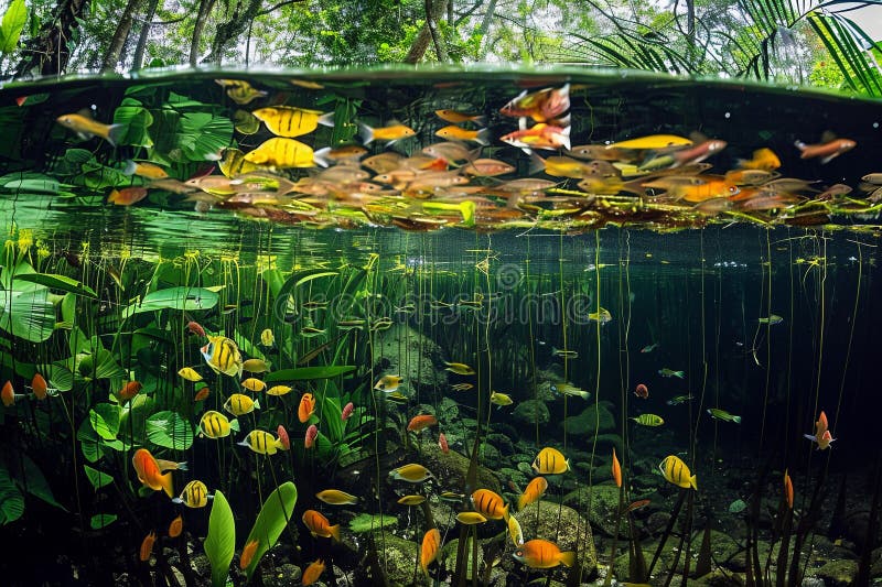 Amazon River Fish Schooling Beneath Lush Rainforest Canopy Stock ...