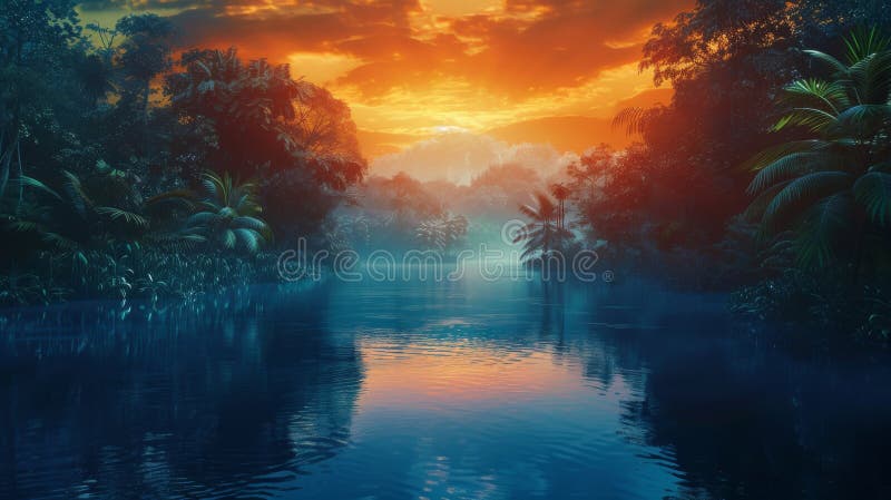 Amazon River Flowing through Rainforest at Sunset or Sunrise. Tropical ...