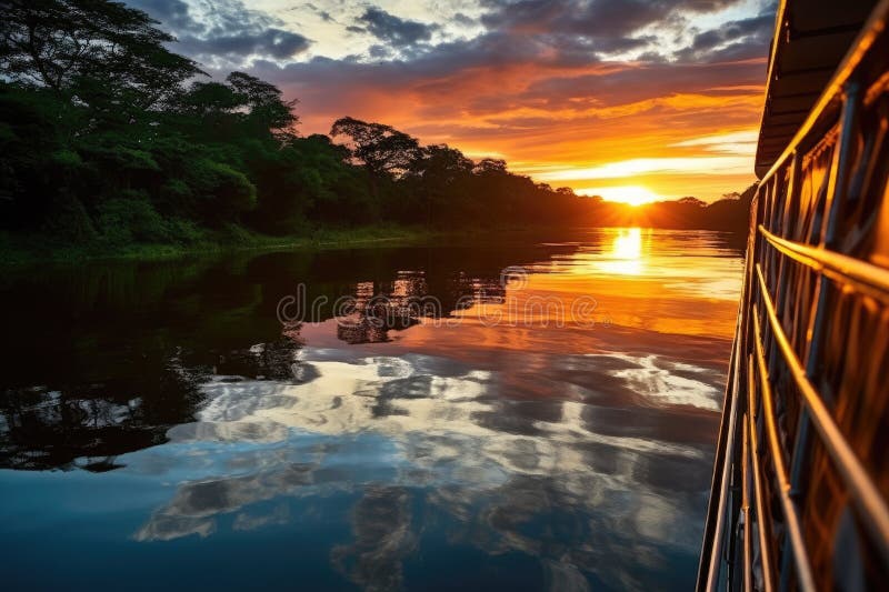 Amazon Sunset Melting into River, Viewed from Cruise Ship Stock Photo ...