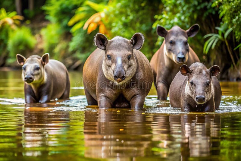 Amazon Tapirs Family Crossing River, Lush Forest Background Stock ...