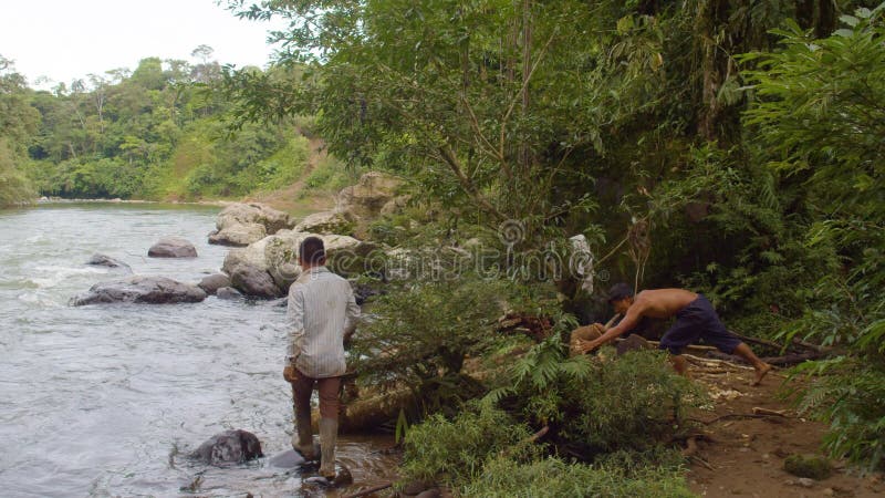 Timelapse Shot of Indigenous Men Building a Log Raft in the Amazon ...