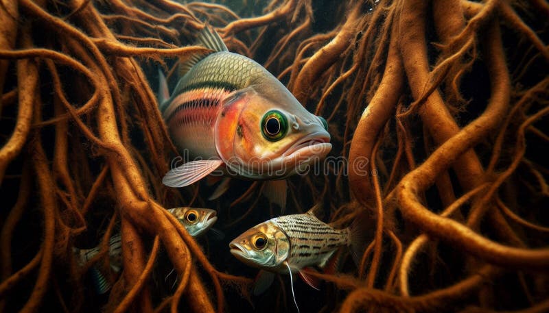 Amazonian Fish Interacting with Submerged Roots Stock Illustration ...
