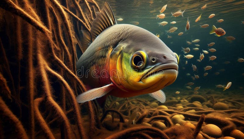 Amazonian Fish Interacting with Submerged Roots Stock Illustration ...