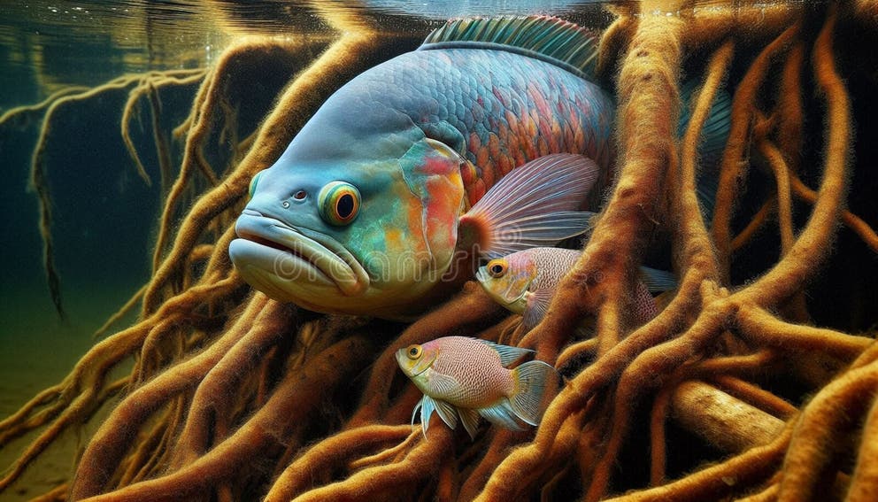 Amazonian Fish Interacting with Submerged Roots Stock Illustration - Illustration of light ...