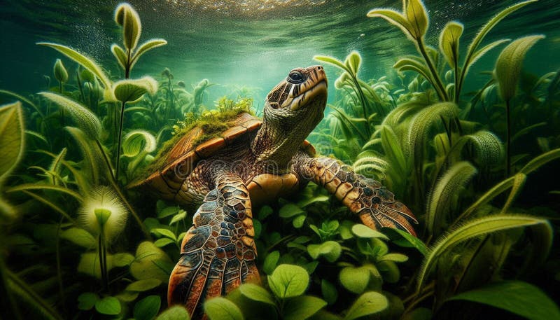 Amazonian River Turtle among Aquatic Plants Stock Illustration ...