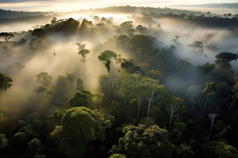 Amazons Rainforest, Viewed from Above, with Misty Clouds and Sunlight ...