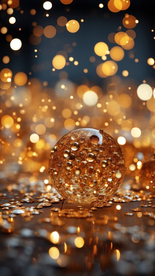 An Amber Ball with Bubbles Inside among Golden Confetti. Vertical Stock ...