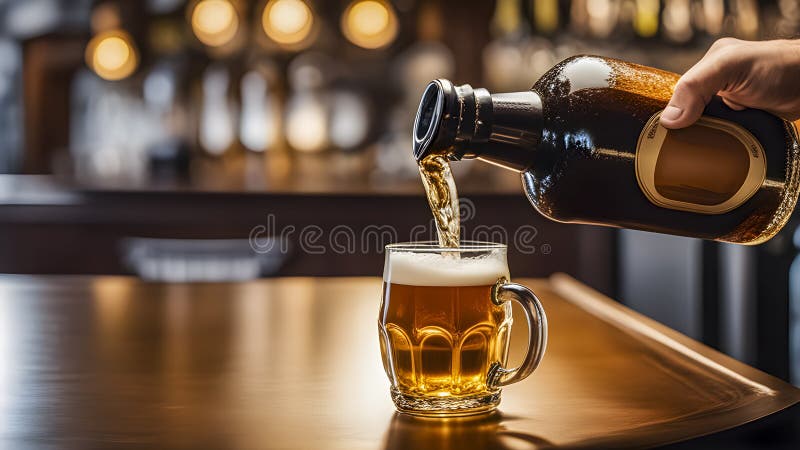 Amber Beer Pouring into a Mug from a Dark Bottle Held by Hand with ...