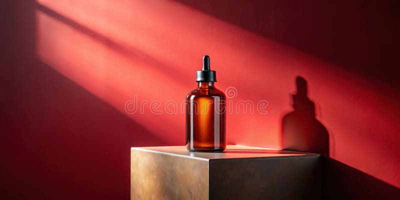 Amber Bottle with Dropper on a Bronze Pedestal Against a Red Wall ...