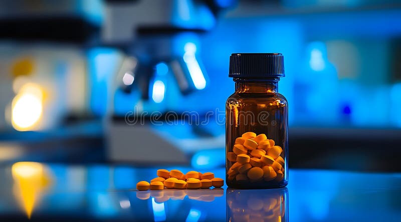 Close-up of Amber Bottle Filled with Tablets Next To a Microscope in a ...