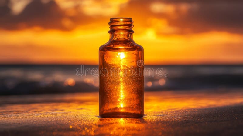 Amber Bottle Sunset Beach Seascape Stock Photo - Image of light, grain ...