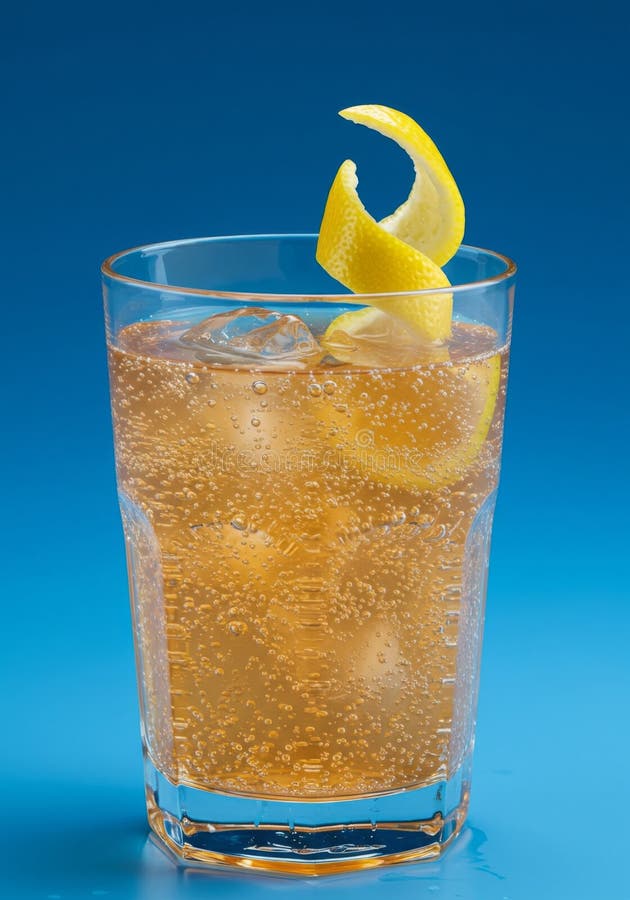 Amber Cocktail with Lemon Twist in Glass on Blue Background Stock ...