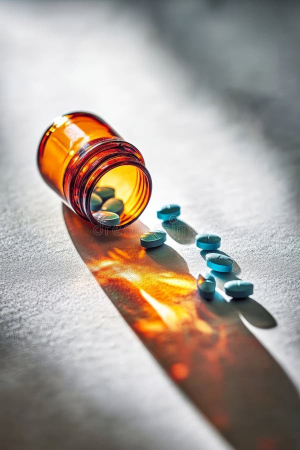 Amber Pill Bottle Tipped Over, Spilling Blue Tablets on a White Surface ...