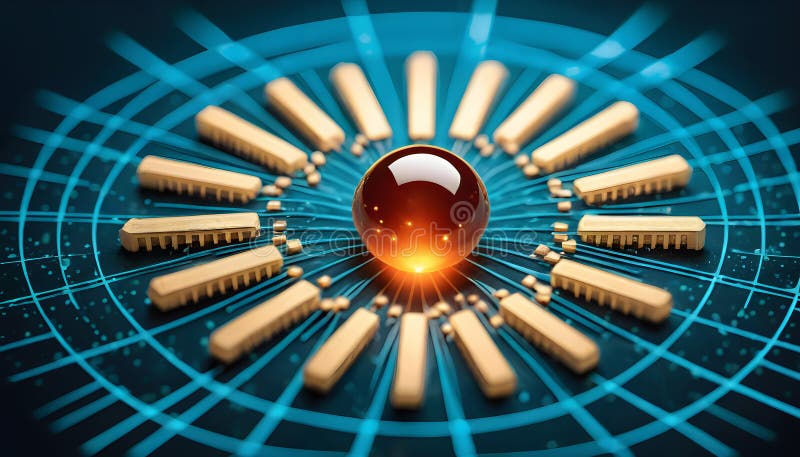 Amber Core Computing Concept with Golden Chips on Blue Circuit Board ...