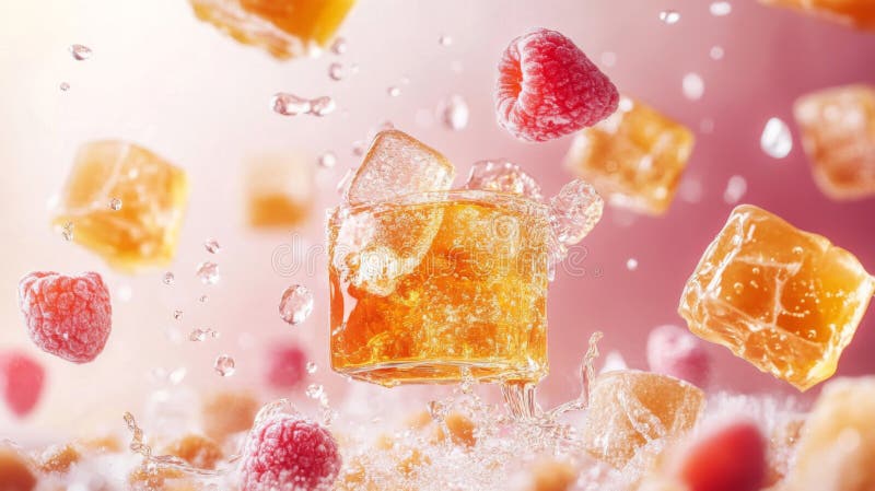 Amber Drink with Raspberries and Ice Cubes Stock Illustration ...