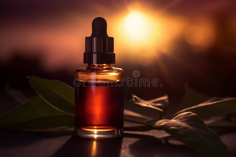 Silhouette of an Amber Dropper Bottle on Textured Surface with the Sun ...