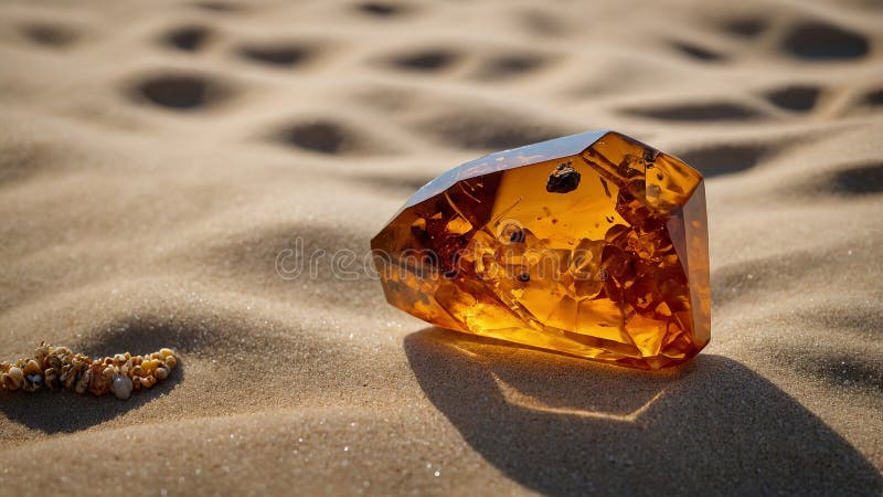 Amber Gemstone with Insect Inclusion Resting on Sand Dunes Under ...