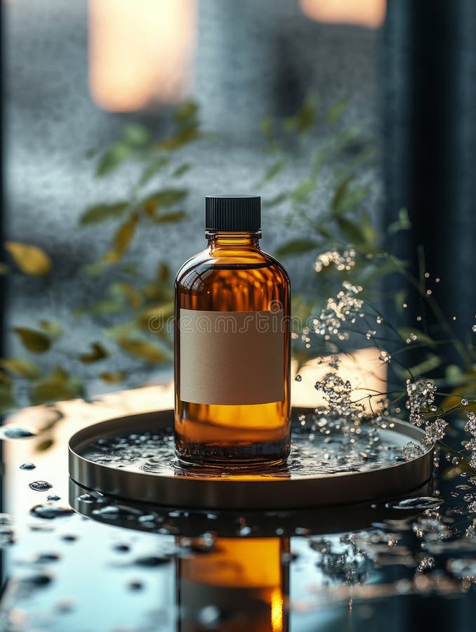 Amber Glass Bottle on a Reflective Surface Stock Photo - Image of ...