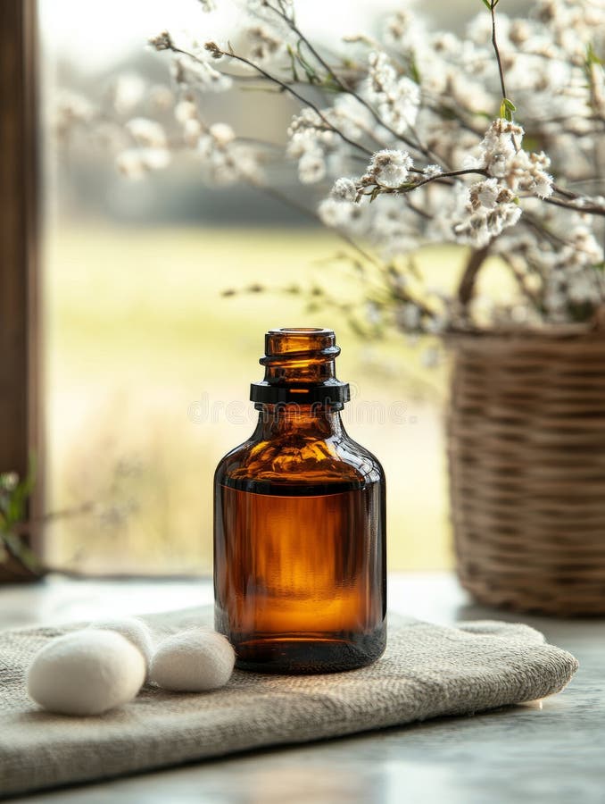 Amber Glass Bottle with Spring Blossoms and White Stones. Stock Image ...