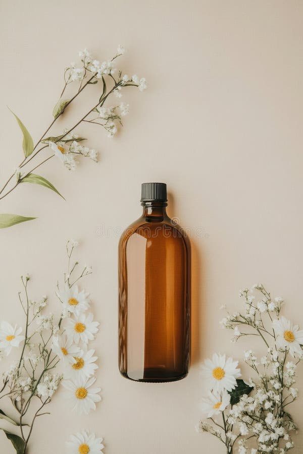 Amber Glass Bottle with Spring Flowers on Neutral Background. Stock ...
