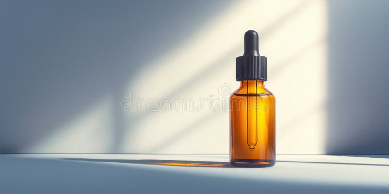 Amber Glass Dropper Bottle with Black Lid Casting Soft Shadows on ...