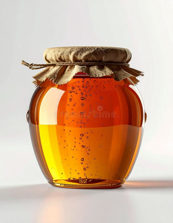 Amber Honey in Glass Jar with Burlap Lid on White Background Stock ...