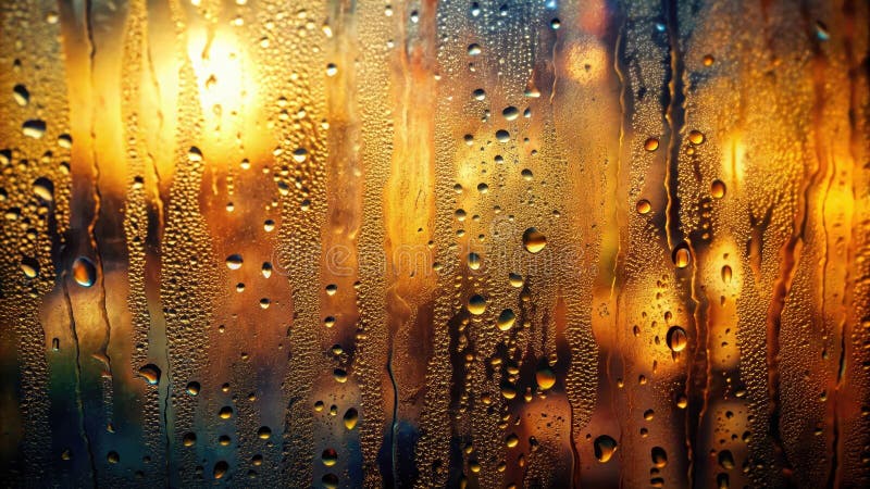 Amber-hued Water Droplets Cling To a Glass Surface, Illuminated by a ...