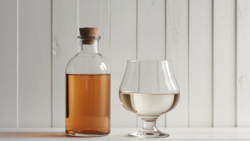 Amber Liquid in Bottle and White Liquid in Glass on White Wood Stock ...