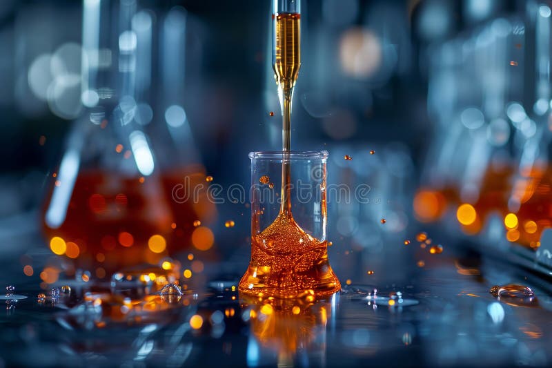 Amber Liquid Dripping into Glass Beaker in a Laboratory Setting Stock ...