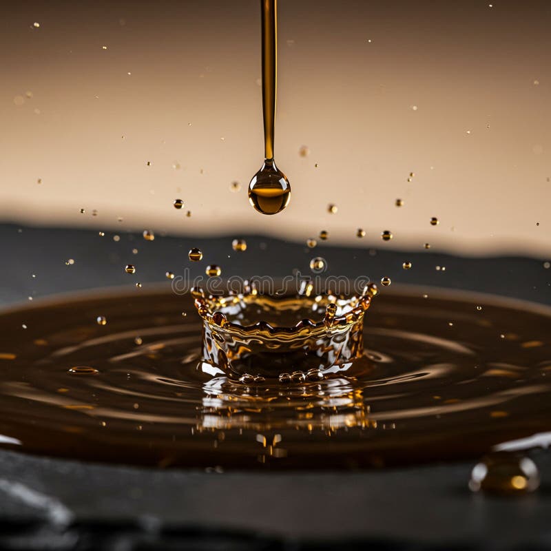 Amber Liquid Droplet Captured Mid-fall, Creating Intricate Ripple and ...