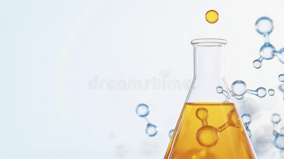 Amber Liquid in Erlenmeyer Flask with Molecular Models and Soft Blue ...