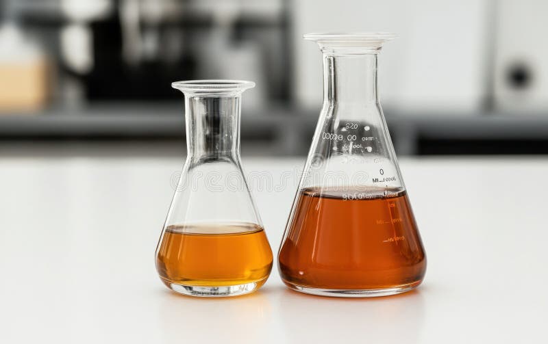 Amber Liquid in Erlenmeyer Flasks on Lab Table Stock Illustration ...