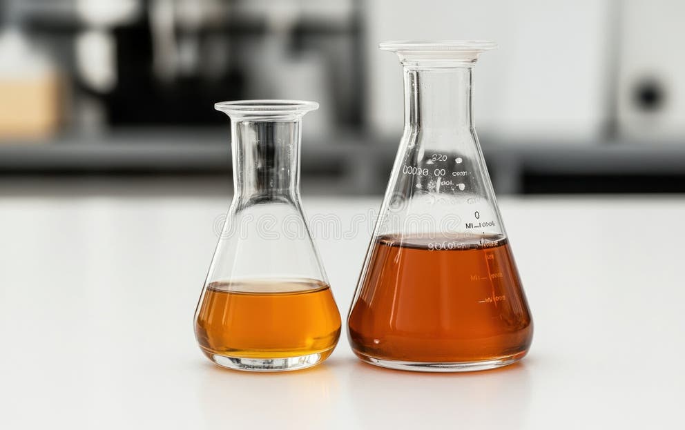 Amber Liquid in Erlenmeyer Flasks on Lab Table Stock Illustration ...