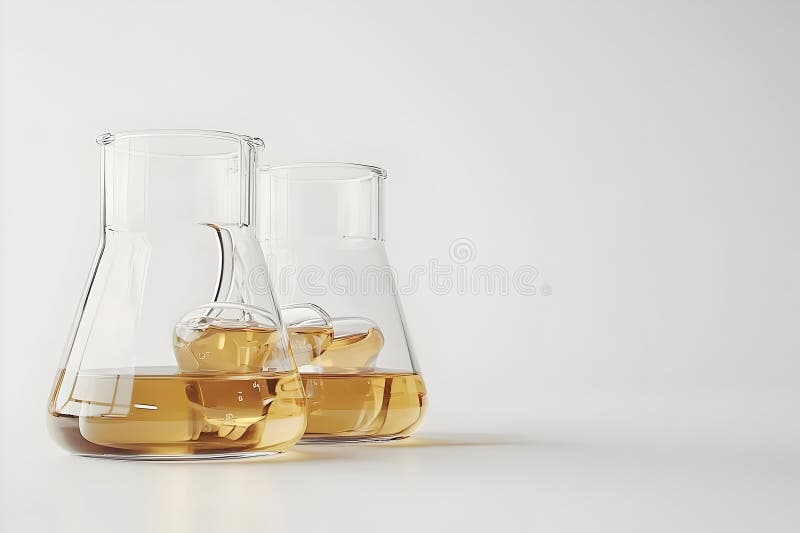 Amber Liquid in Erlenmeyer Flasks on White Background Stock ...